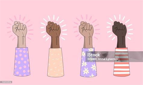 다채로운 벡터 다른 피부색을 가진 여성의 주먹 권력과 항의의 상징 인종 평등 다양성 관용 그림 플랫 디자인 스타일 배경 인쇄물 포스터에 사용할 수 있습니다 싸우기에 대한