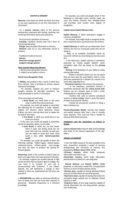 Reviewer Chapter Summary Cognitive Psychology CHAPTER MEMORY Memory Is The Means By