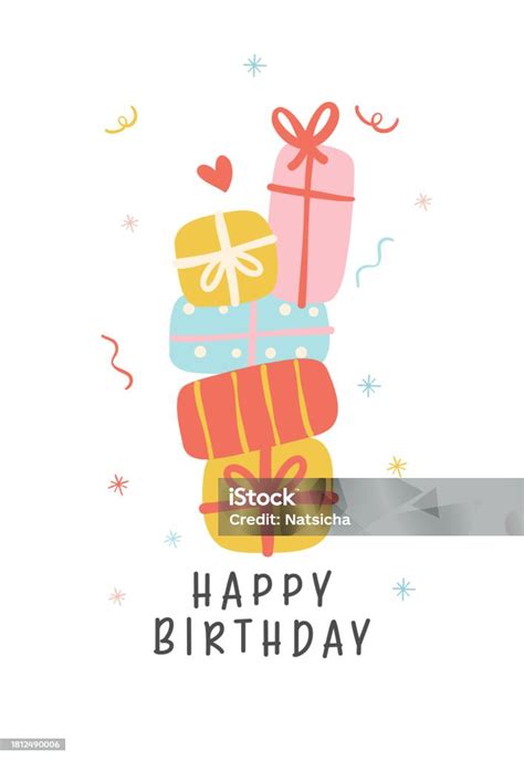 귀여운 생일 카드 배너 선물 상자 미니멀 다채로운 쌓기 카와이 인사말 카드 만화 손 그리기 평면 디자인 그래픽 일러스트 레이 션 생일에 대한 스톡 벡터 아트 및 기타 이미지