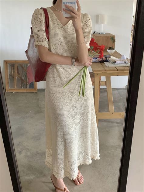 베이지하루 독보적 하객룩 펀칭 자수 롱드레스 원피스 브이넥 반팔 여름 봄 간절기 A라인 시스루 결혼식 피로연 돌잔치 모임룩