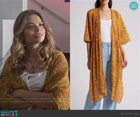 Wornontv Moons White Eyelet Top And Yellow Print Kimono Jacket On