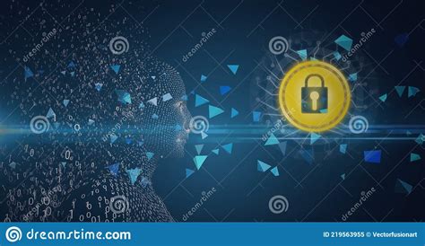Composition Of Exploding Human Bust Formed With Binary Coding And Online Security Padlock Icon