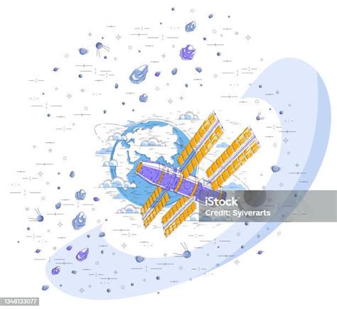 우주 정거장 은 지구 주위에 궤도 우주 비행을 비행 우주선 우주선은 태양 전지 패널 인공 위성 별과 다른 요소에 둘러싸여 얇은 선 3d 벡터 그림 과학에 대한 스톡 벡터