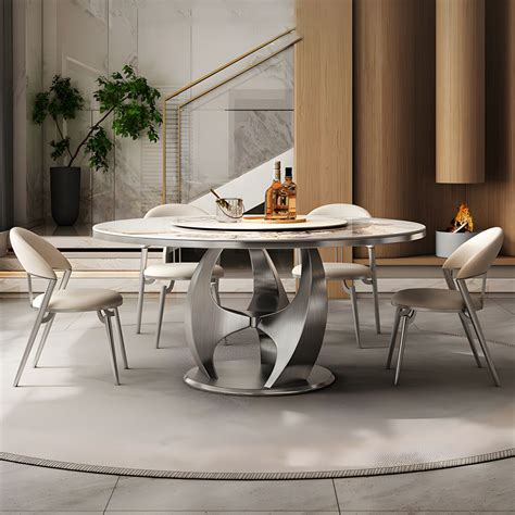 White Round Modern Dining Table With Silver Metal Pedestal Base Fixed