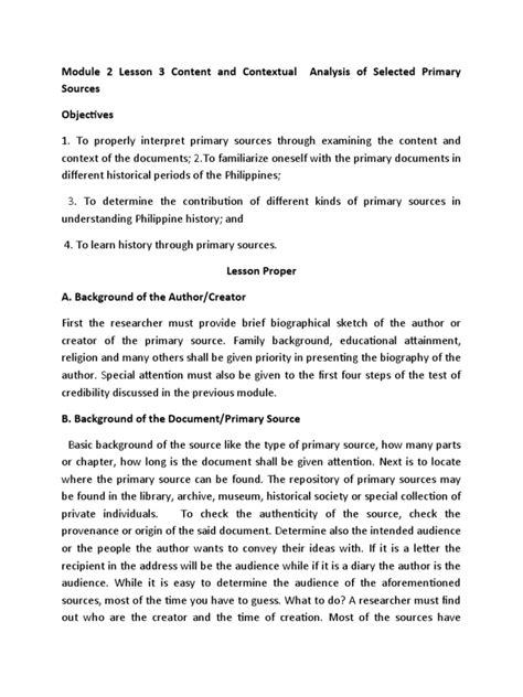 Module 2 Lesson 3 Content And Contextual Analysis Of Selected Primary