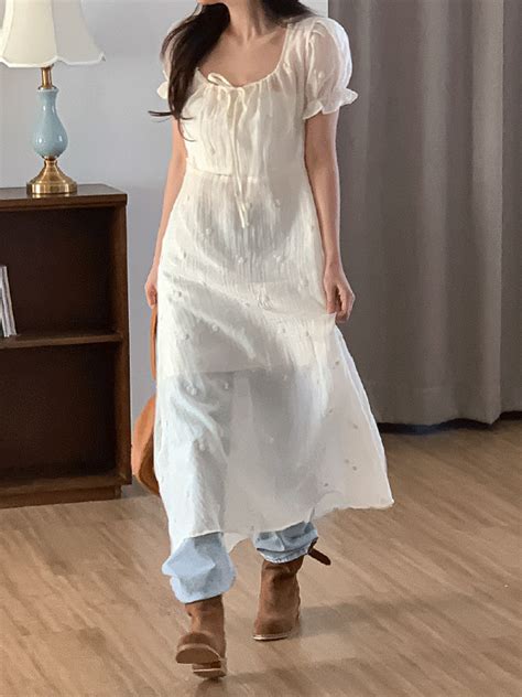 나이니 인기 블랑쉬 플라워 자수 셔링 쉬폰 롱 원피스 레이어드