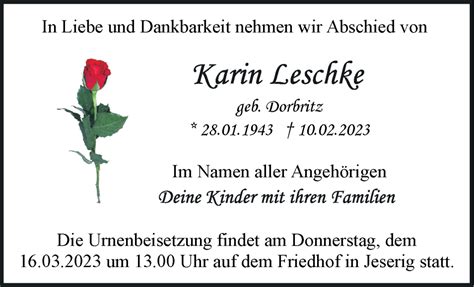 Traueranzeigen Von Karin Leschke Märkische Onlinezeitung Trauerportal