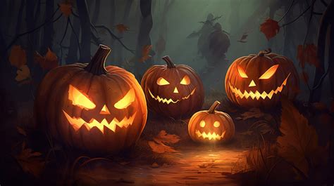 잭 오 랜턴 숲 속 길가에 있는 4개의 할로윈 등불 배경 Png  무료 다운로드 Pikbest