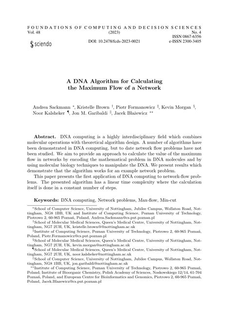 Pdf A Dna Algorithm For Calculating The Maximum Flow Of A Network