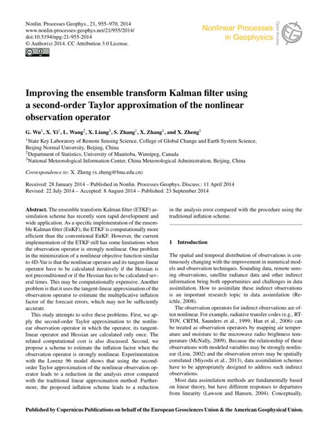 Pdf Improving The Ensemble Transform Kalman Filter Using A Second