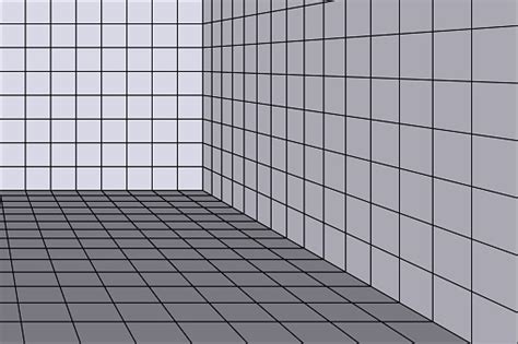 3d 퍼펙티브 그리드가 있는 룸 코너 와이어 프레임 라인 인테리어 디자인 타일 배경 욕실 또는 주방 코너 레이아웃 관점 보기