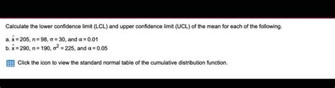solved calculate the lower confidence limit lcl and upper