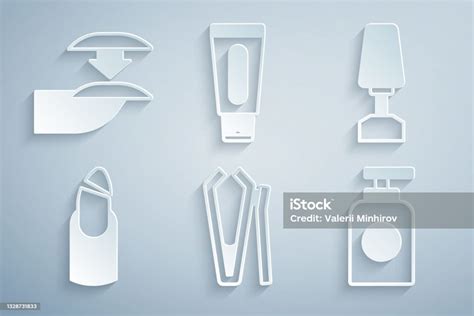 네일 커터 매니큐어 밀링 깨진 손톱 핸드 크림 튜브 및 거짓 손톱 아이콘을 설정합니다 벡터 0명에 대한 스톡 벡터 아트 및 기타