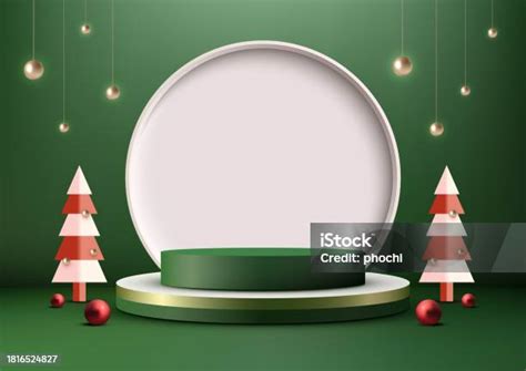 반짝이는 공 소나무가 있는 흰색과 녹색의 크리스마스 연단 제품 디스플레이 모형 3차원 형태에 대한 스톡 벡터 아트 및 기타
