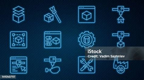 라인 인쇄소 산업 3d 프린터 큐브 기하학적 그림 큐브 레이어 설정 및 등각 투영 아이콘을 설정합니다 벡터 원형에 대한 스톡 벡터 아트 및 기타 이미지 Istock