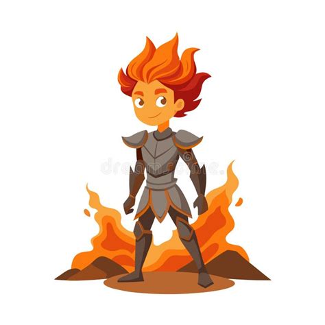 Cartoon Fire Warrior Character In Armor Standing On Fire Vector