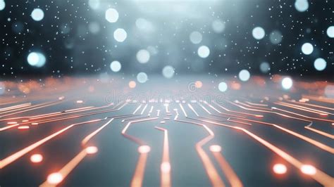 Close Up View Of A Circuit Board With Glowing Lines And Floating Particles In A Digital