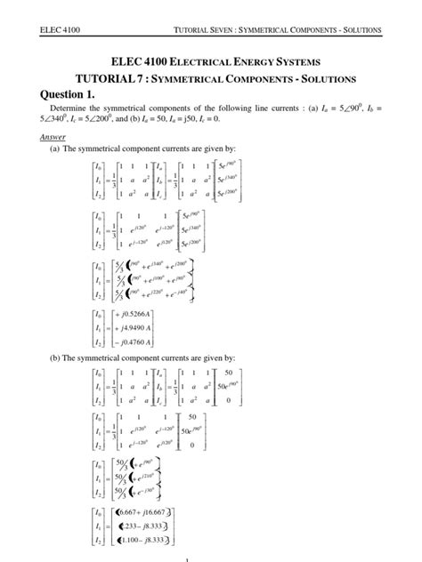 Elec4100 Tutorial 7 Symmetrical Components Soln Pdf Electric Power Electrical Engineering