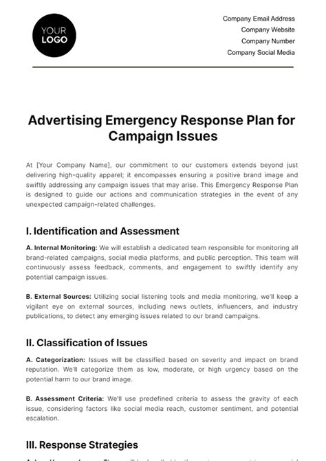 Free Advertising Emergency Response Plan For Campaign Issues Template To Edit Online