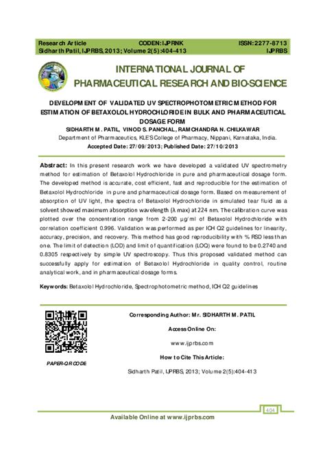 Pdf Development Of Validated Uv Spectrophotometric Method For Estimation Of Betaxolol