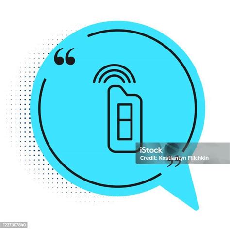 흰색 배경에 격리 된 원격 아이콘이있는 검은 색 선 자동차 키 자동차 키 및 경보 시스템 파란색 음성 풍선 기호입니다 벡터 일러스트레이션 검은색에 대한 스톡 벡터 아트 및