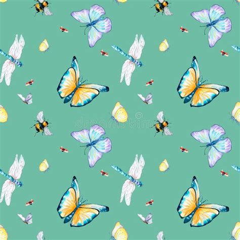 Grassland Insects Watercolor Illustration Seamless Pattern On Azure