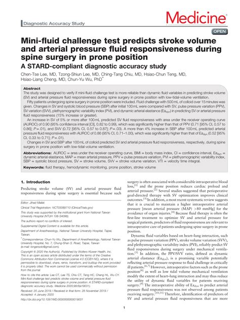 Pdf Mini Fluid Challenge Test Predicts Stroke Volume And Arterial