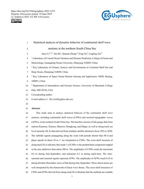 Pdf Statistical Analysis Of Dynamic Behavior Of Continental Shelf Wave Motions In The Northern