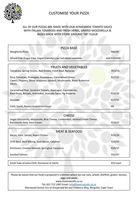 Menu At Lime Tree Cafe Cape Town