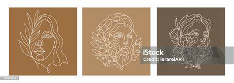 꽃과 여성의 초상화의 벡터 세트 목련 월계수 또는 면화 꽃과 여성의 얼굴의 연속 라인 그리기 선형 패턴 모래 톤으로 여성의 미니멀 한 아름다움 개념에 대한 스톡 벡터 아트