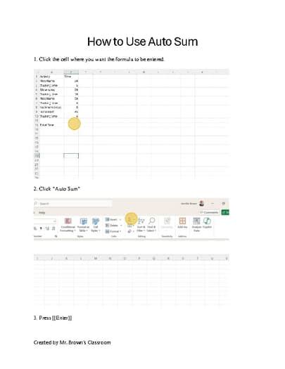 Using Autosum In Excel Step By Step Instructions By Mr Browns Classroom