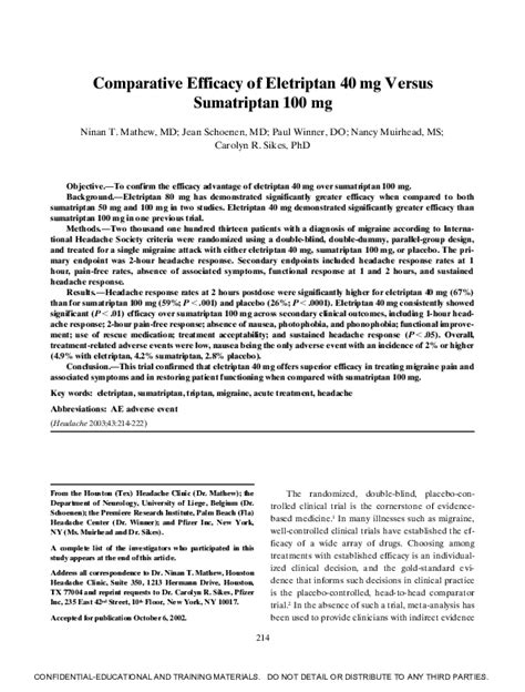 Pdf Comparative Efficacy Of Eletriptan 40 Mg Versus Sumatriptan 100 Mg