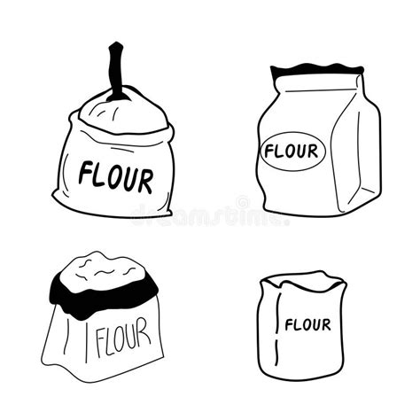 Cute Flour Bags Vector Lineart Monochrome Baking Ingredient Stock