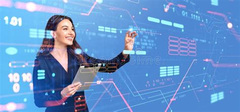 Woman Finger Touching Data Server Processing Information With Binary