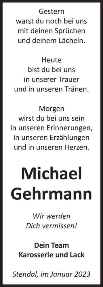 Traueranzeigen Von Michael Gehrmann Abschied Nehmende