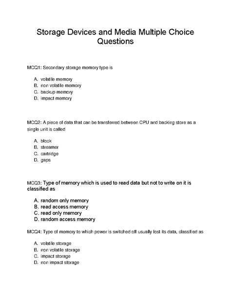 Memory Mcqs Mcqs Storage Devices And Media Multiple Choice