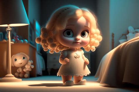 Criança do sexo feminino bonito dos desenhos animados se preparando para dormir na cama do