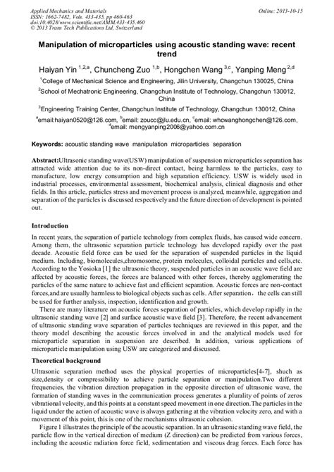Manipulation Of Microparticles Using Acoustic Standing Wave Recent