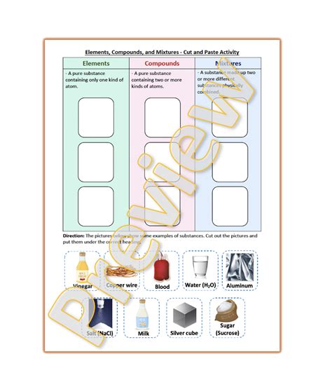 Elements Compounds And Mixtures Cut And Paste Sorting Worksheet