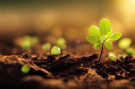 A Small Green Plant Sprouts From The Ground In The Sunlight Stock