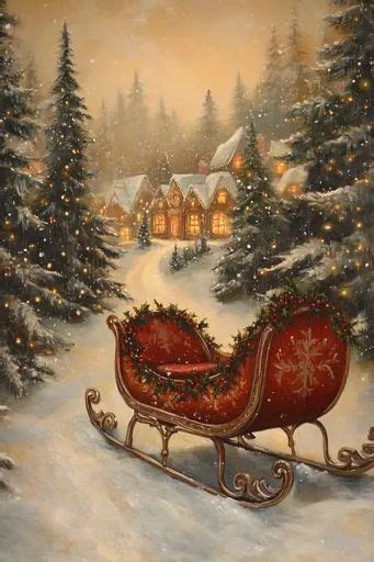 Festive Winter Scene With A Sleigh Village And Snowy Landscape