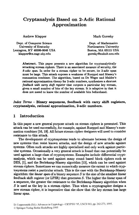 PDF Cryptanalysis Based On Adic Rational Approximation