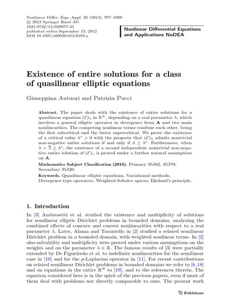 Autuori Pucci Existence Of Entire Solutions For A Class Of Quasilinear Elliptic Equations