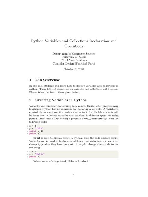 python variables and collections declaration and operations 1 lab