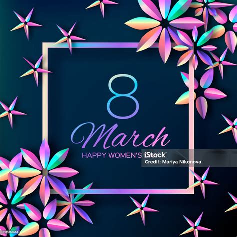 밝은 보라색 홀로그램 꽃 행복 한 일입니다 3 월 8 일 국제입니다 어머니의 날입니다 현대 종이 미래 꽃 인사 카드를 잘라 어둠에 봄 꽃 장식입니다 사각형 프레임입니다