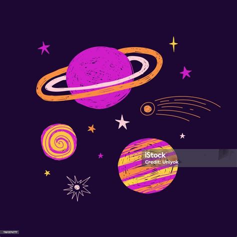행성과 별귀여운 어린이 일러스트 T 셔츠 또는 벽 예술템플릿 디자인 낙서 스타일 인쇄 보육 장식 공간 요소입니다 벡터 0명에