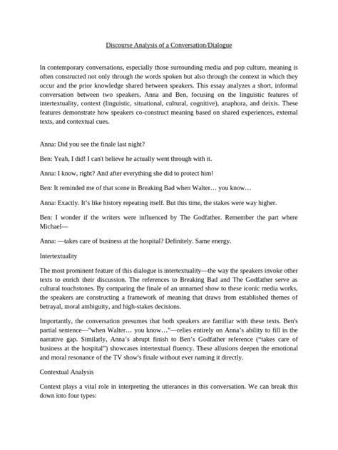 Discourse Analysis Of A Sample Conversation Pdf Linguistics Human