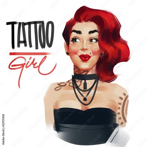 Illustration Of Woman With A Red Hair And Tattoo On Her Neck Pin Up Style Tattoo Studio