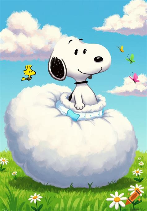 Snoopy Looks Happy Emerging From A Large Fluffy Cloud Or Diaper With