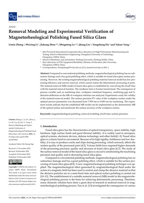 Pdf Removal Modeling And Experimental Verification Of Magnetorheological Polishing Fused